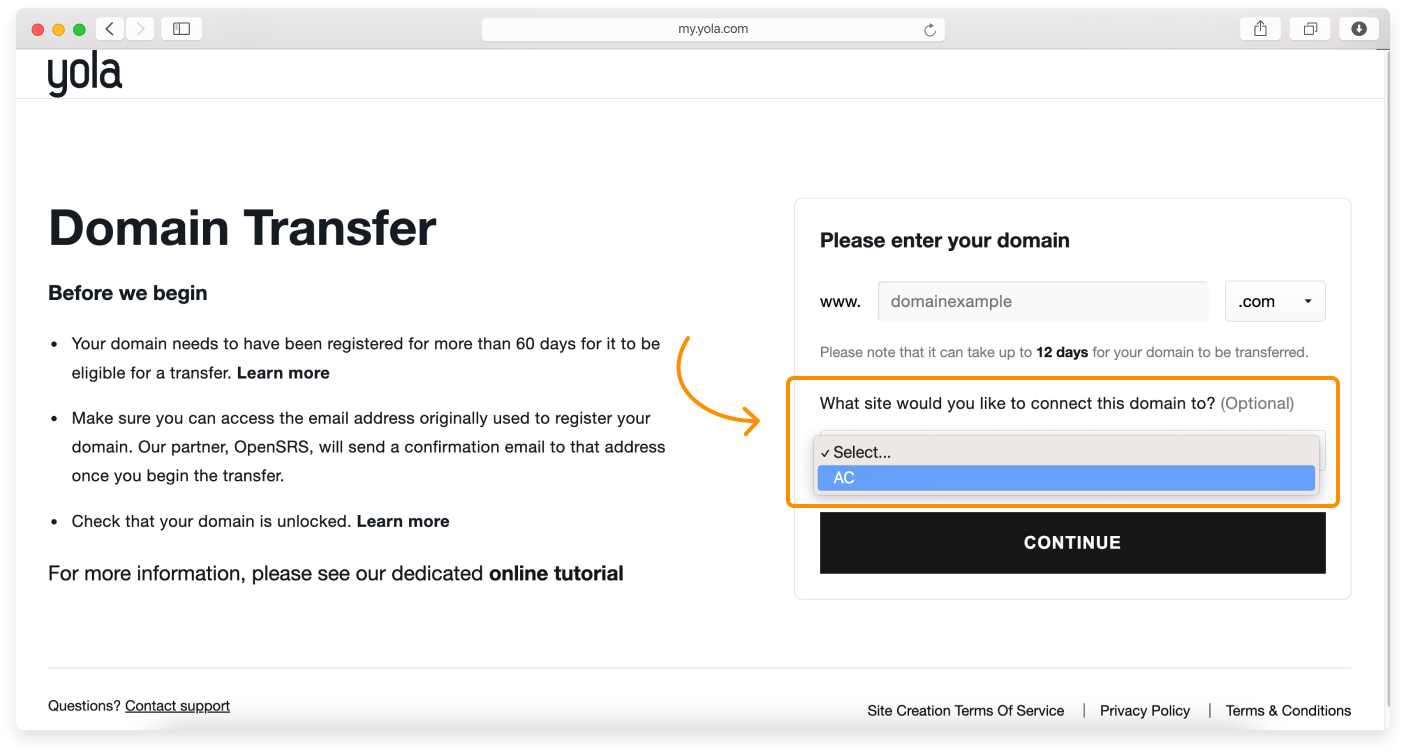 Transferring a domain to Yola – Sitebuilder+